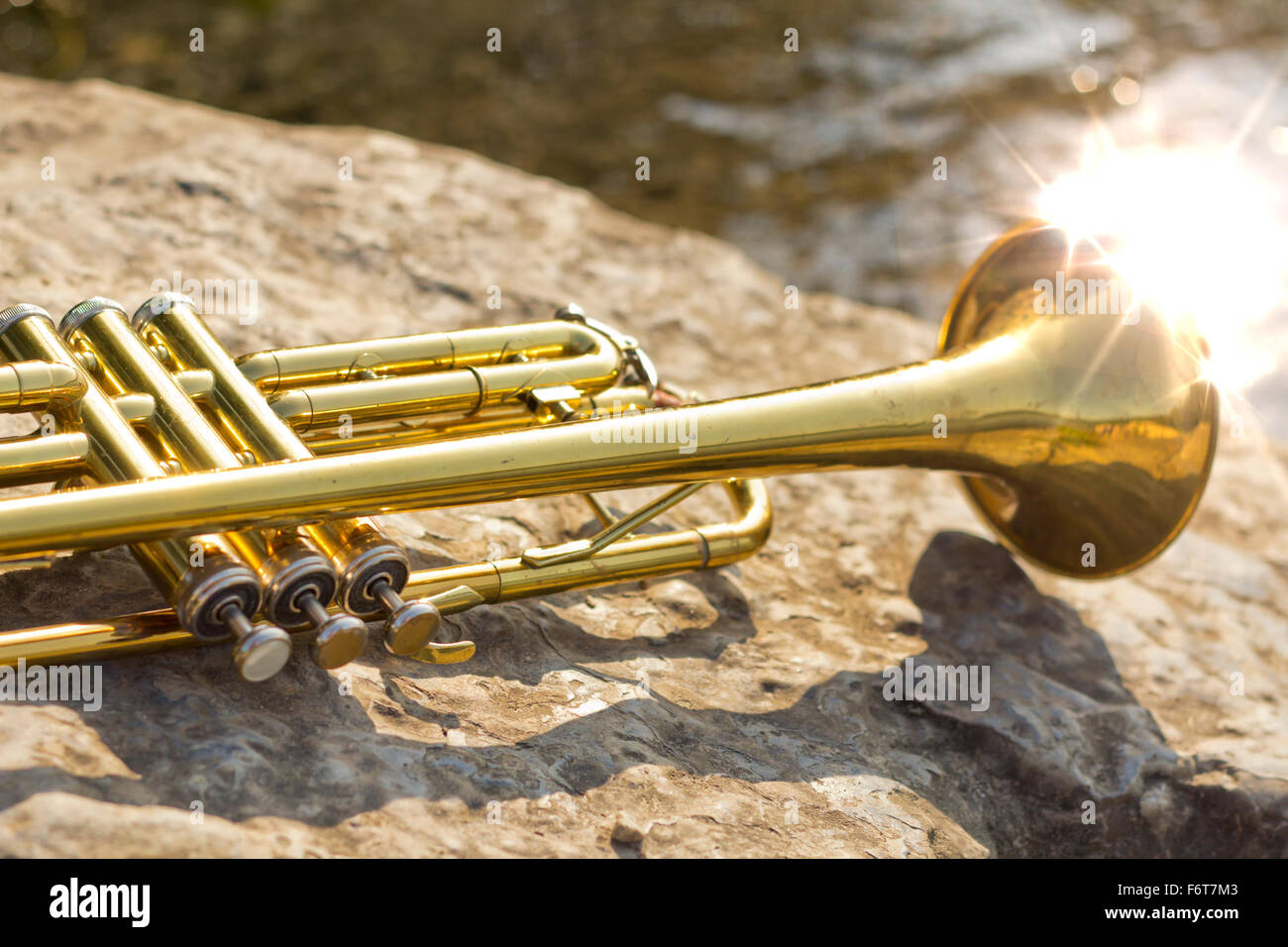 Summer Jazz trumpet in nature lying on rocks lakeside Stock Photo - Alamy