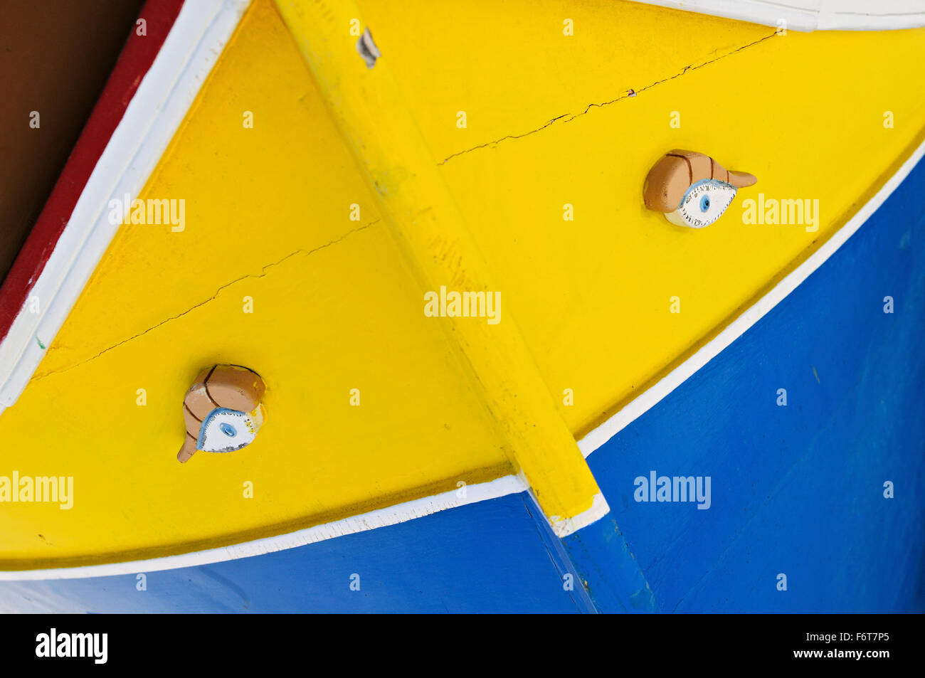 Bow of traditional Maltese luzzu fishing boat with the Eye of Horus or ...