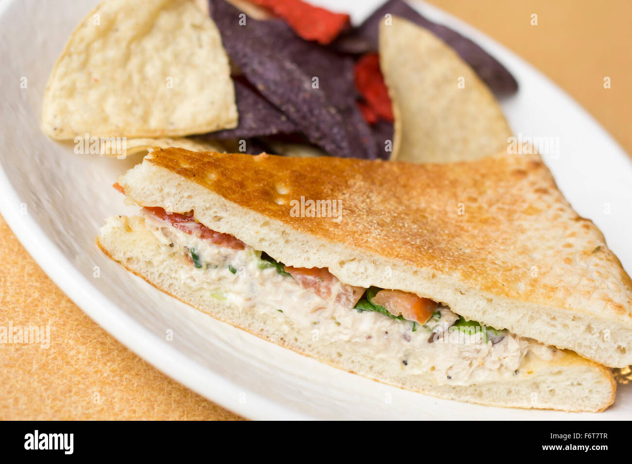 Triangle sliced tuna salad panini with colorful tortilla chips Stock ...