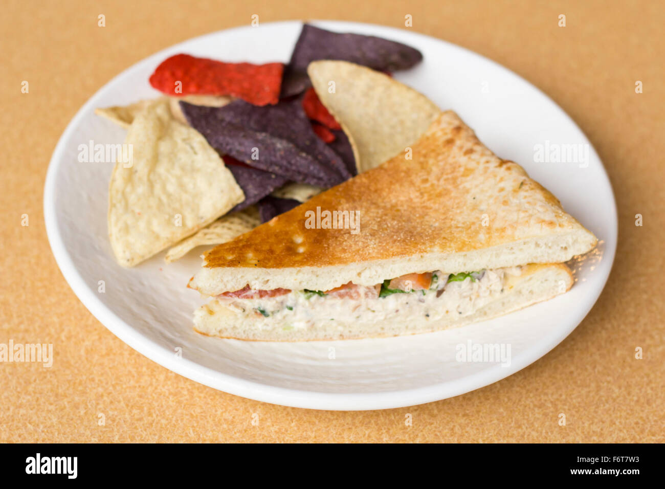 Triangle sliced tuna salad panini with colorful tortilla chips Stock ...