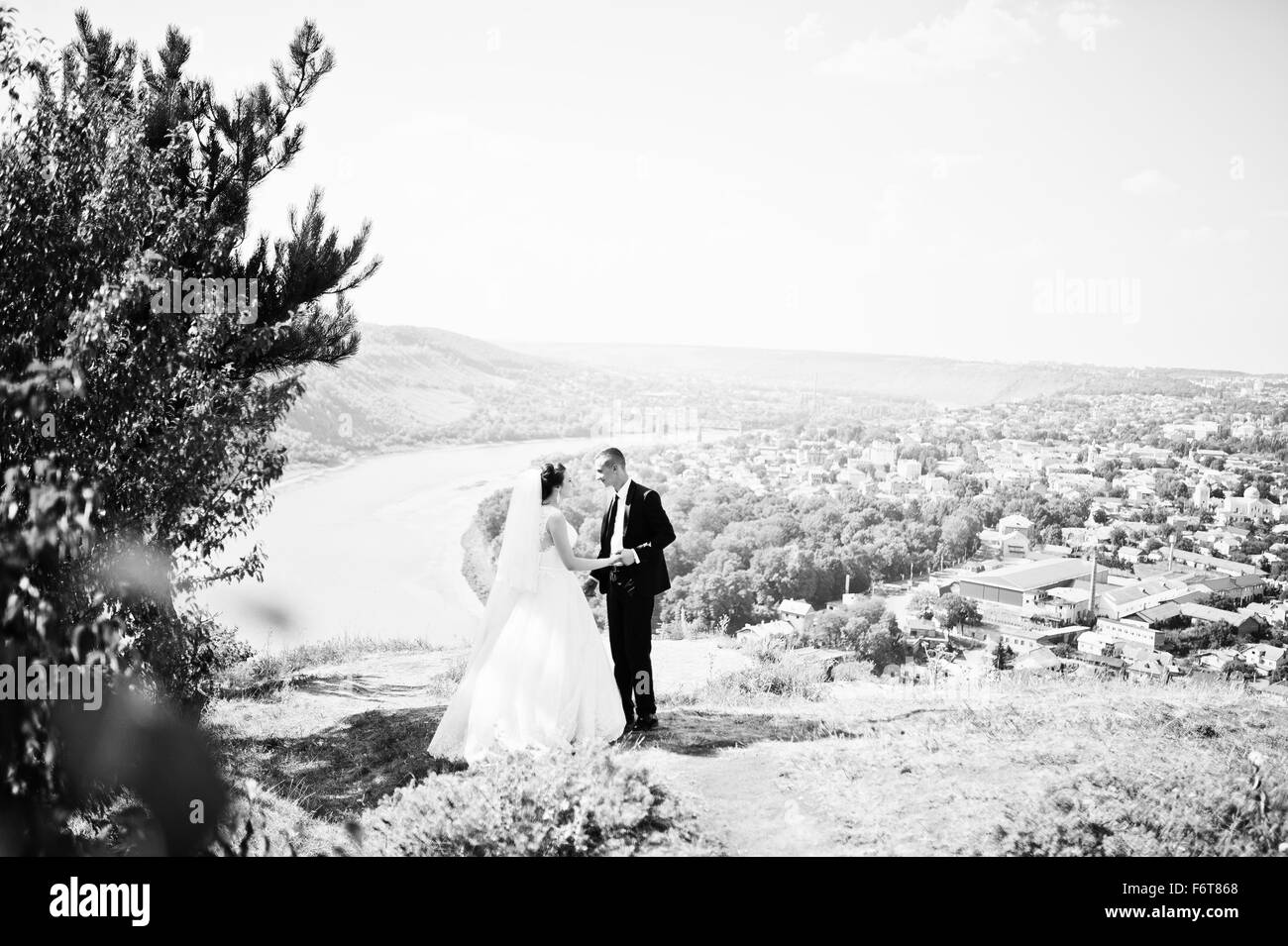wedding couple on panorama of city and river. bride with long veil ...