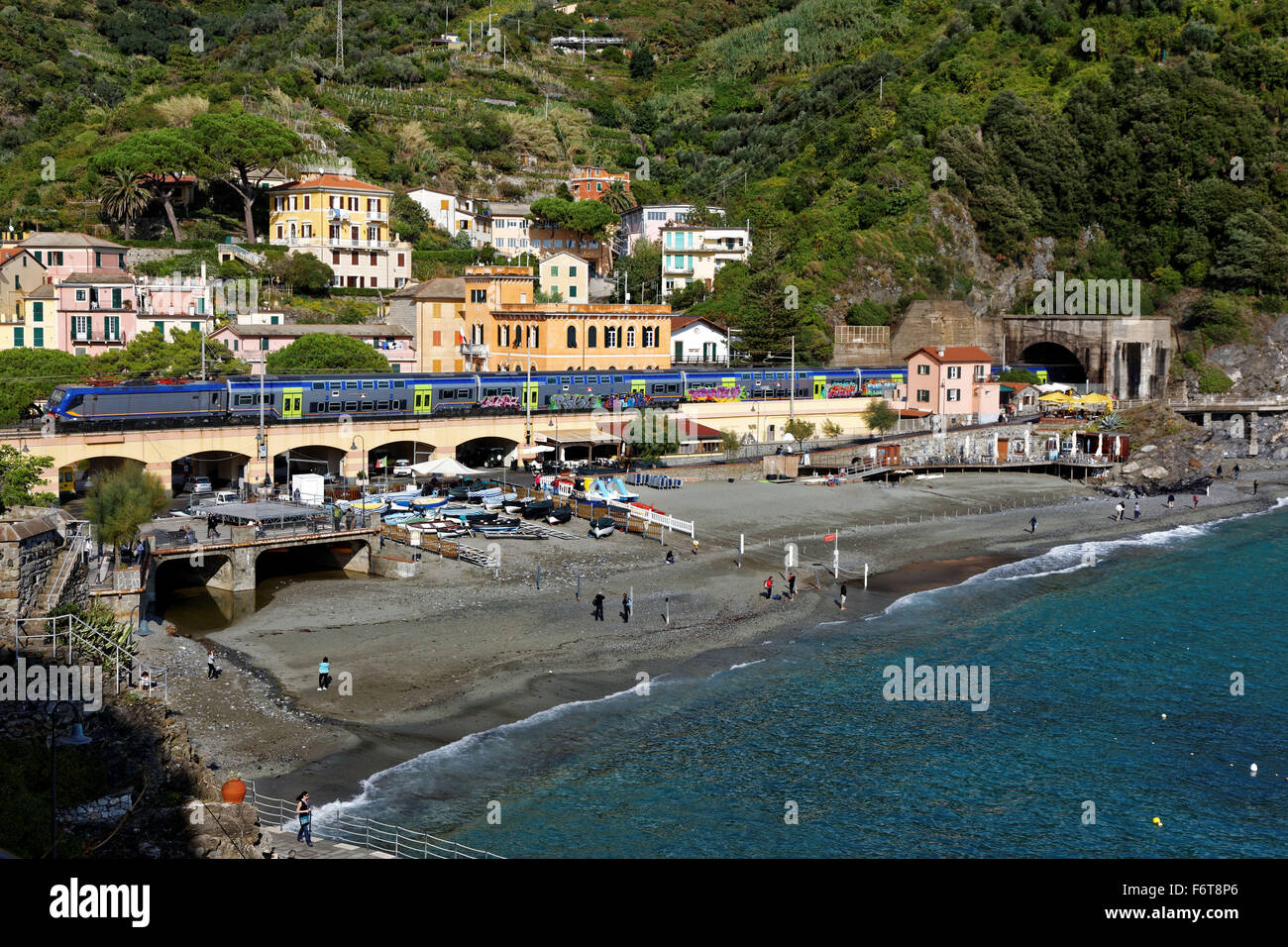Monterosso old town Beach in the Cinque Terre region of Italy Stock ...
