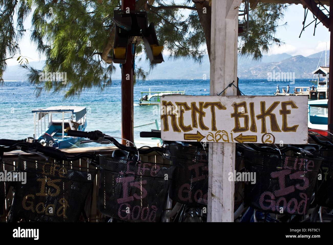 Rent Bike point on Gili Islands, Indonesia Stock Photo - Alamy