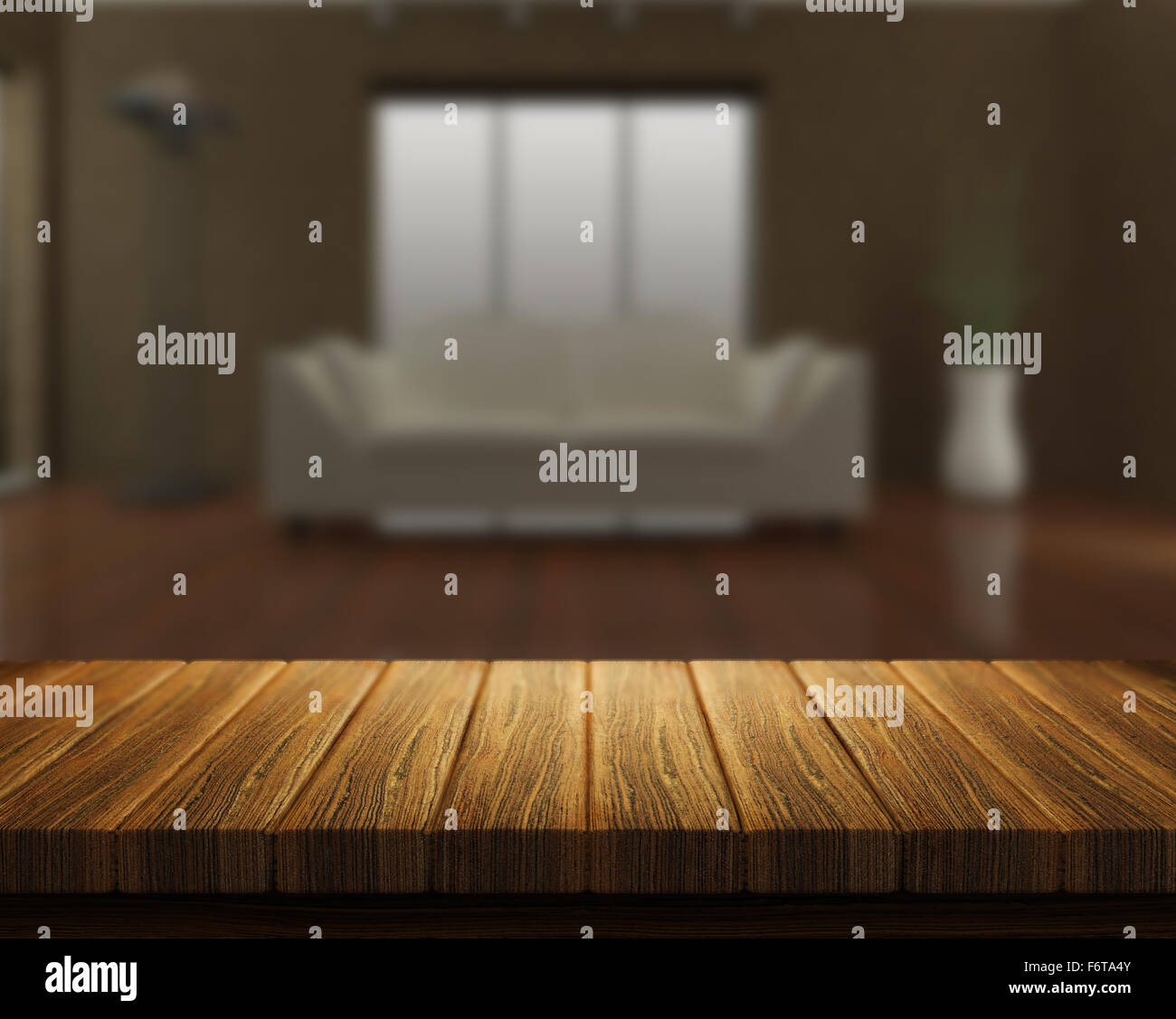 3D render of a wooden table with a room interior in the background ...