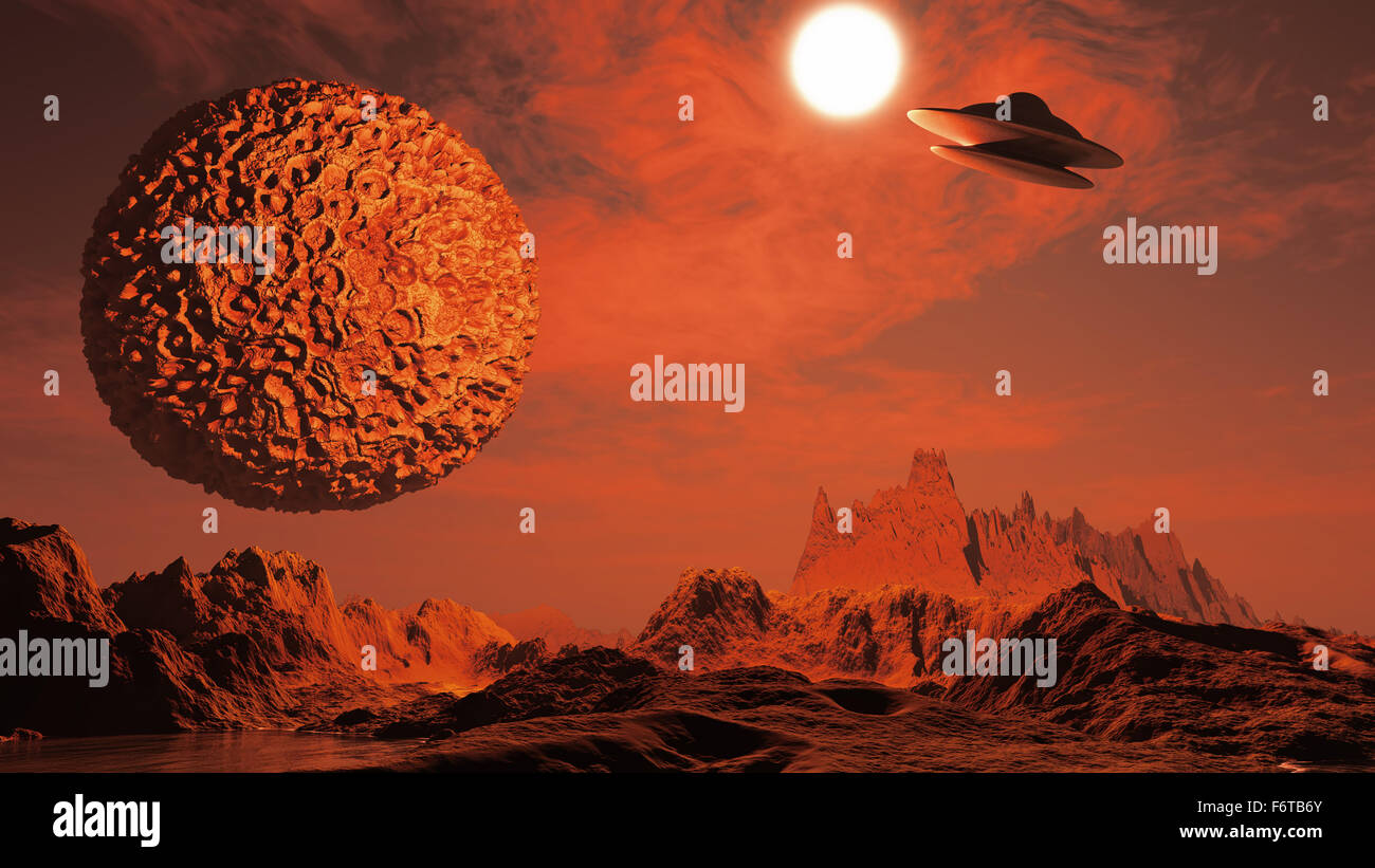 3D render of a surreal science fiction scene with spaceship Stock Photo ...