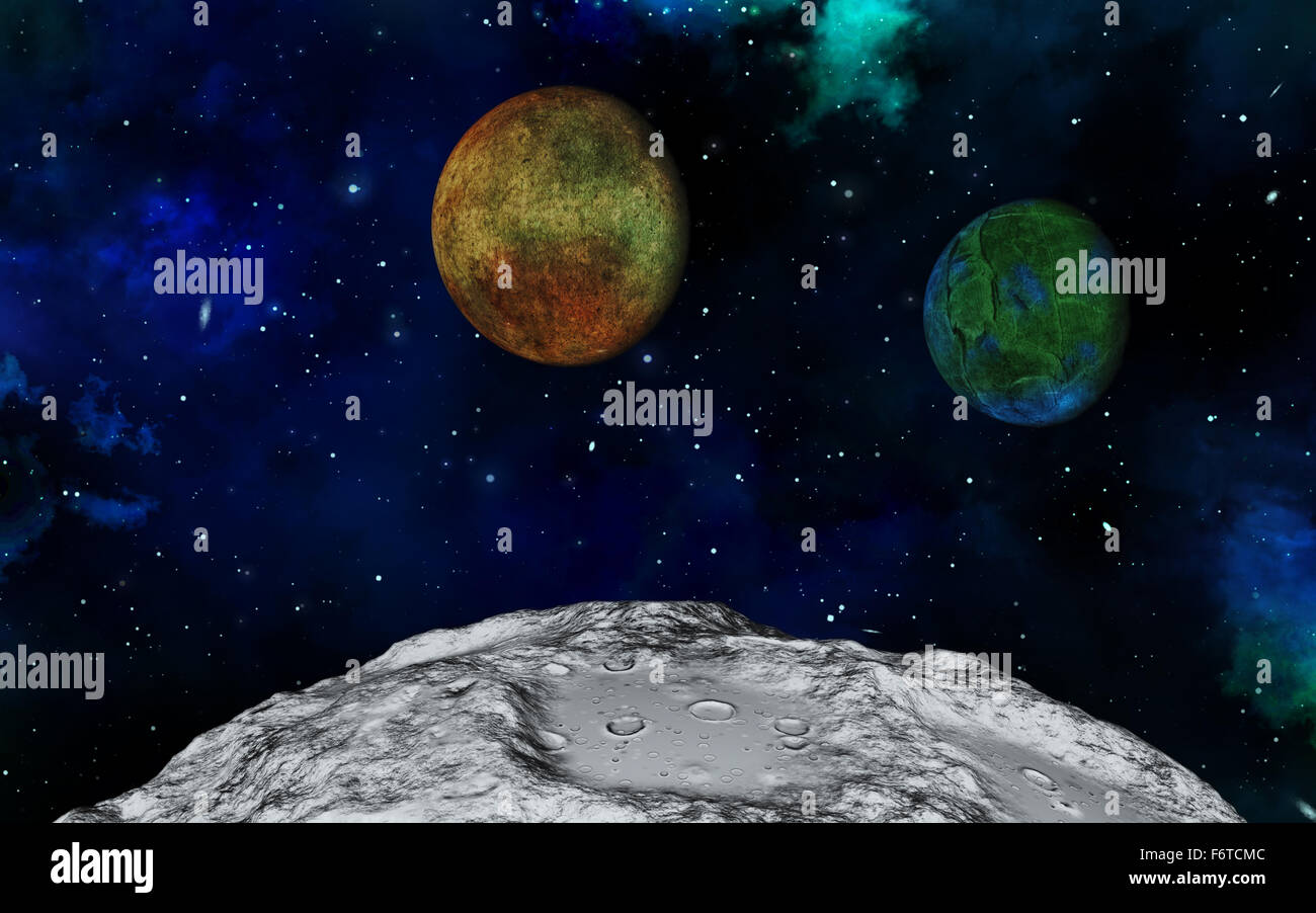 3D space scene with fictional moon surface and planets Stock Photo - Alamy
