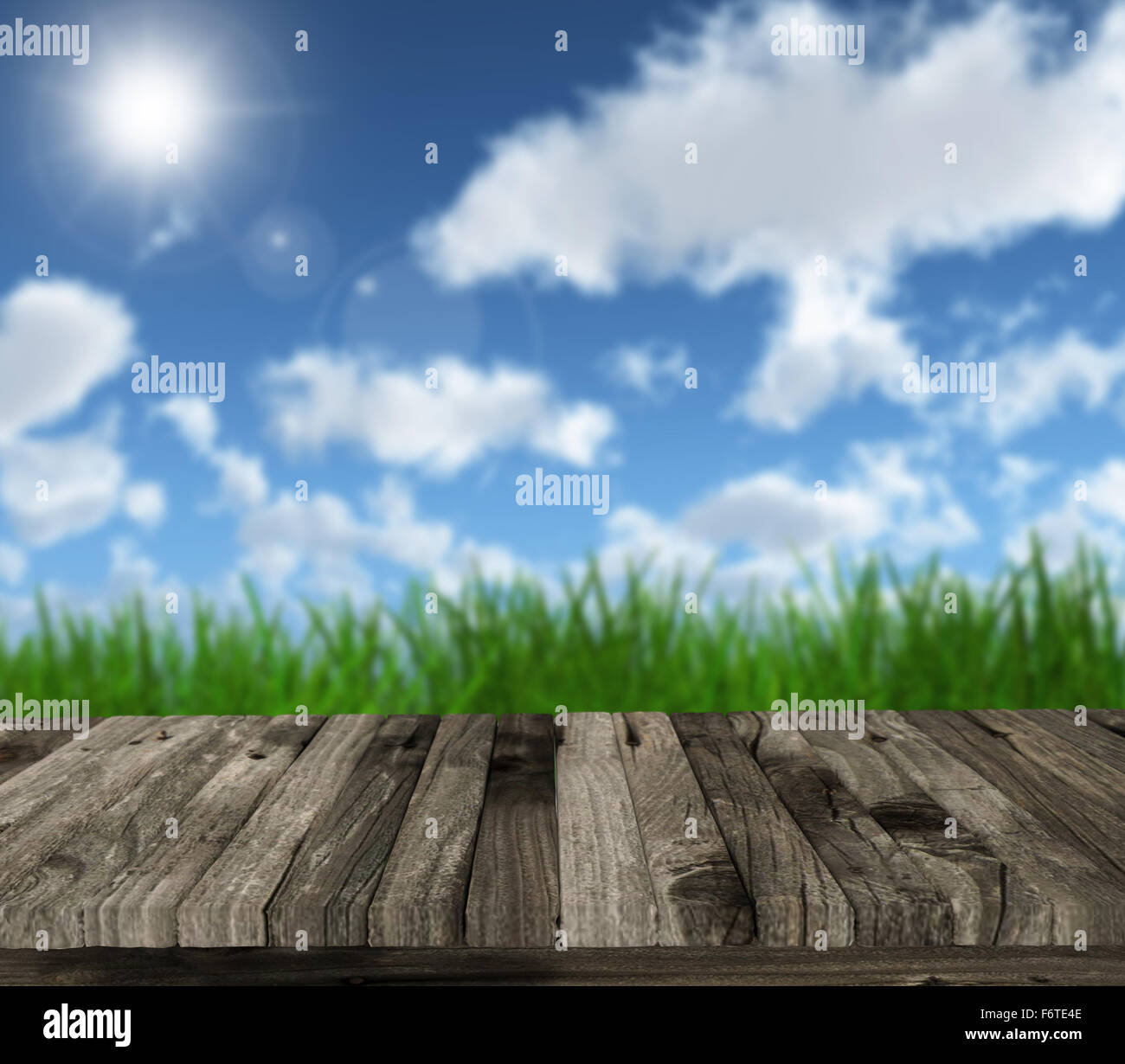 3D render of a wooden table against a blue sunny sky Stock Photo - Alamy