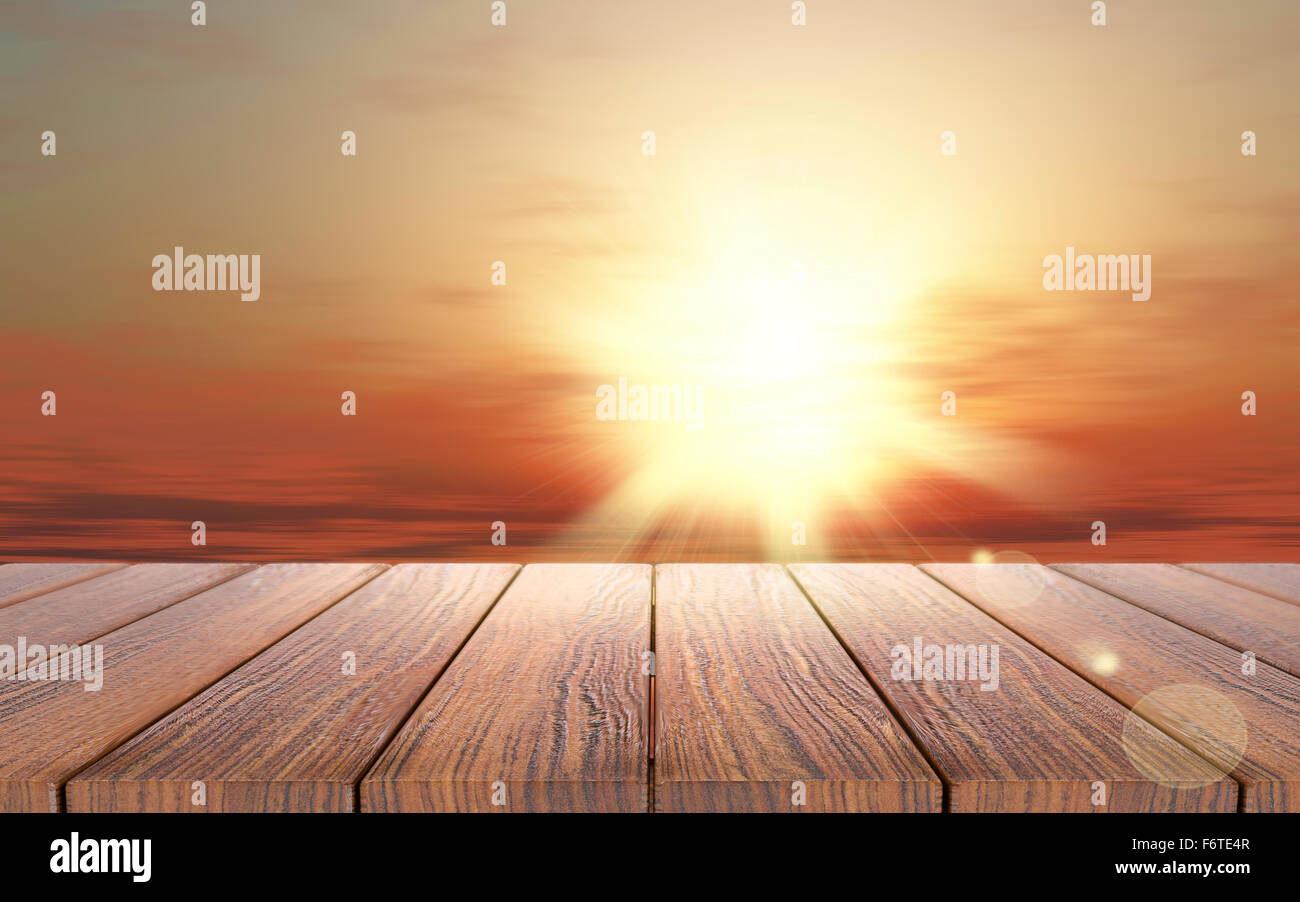 3D render of a wooden table looking out to a sunset sky Stock Photo - Alamy