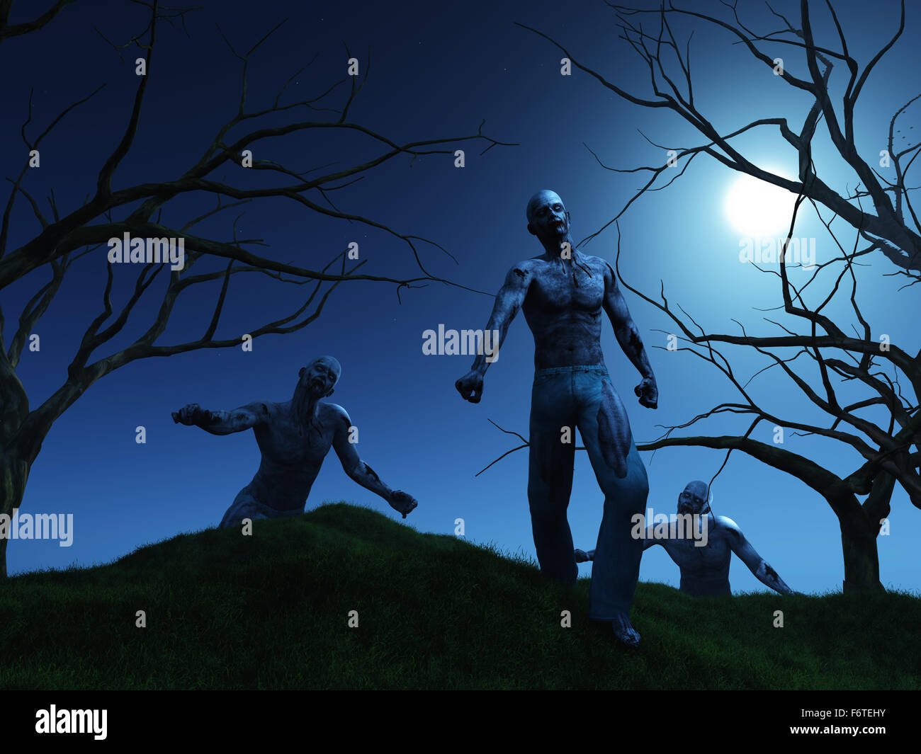 3D render of zombies coming over a hill at night Stock Photo - Alamy