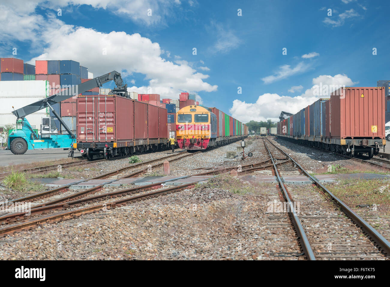 Cargo train platform with freight train container at depot Stock Photo ...