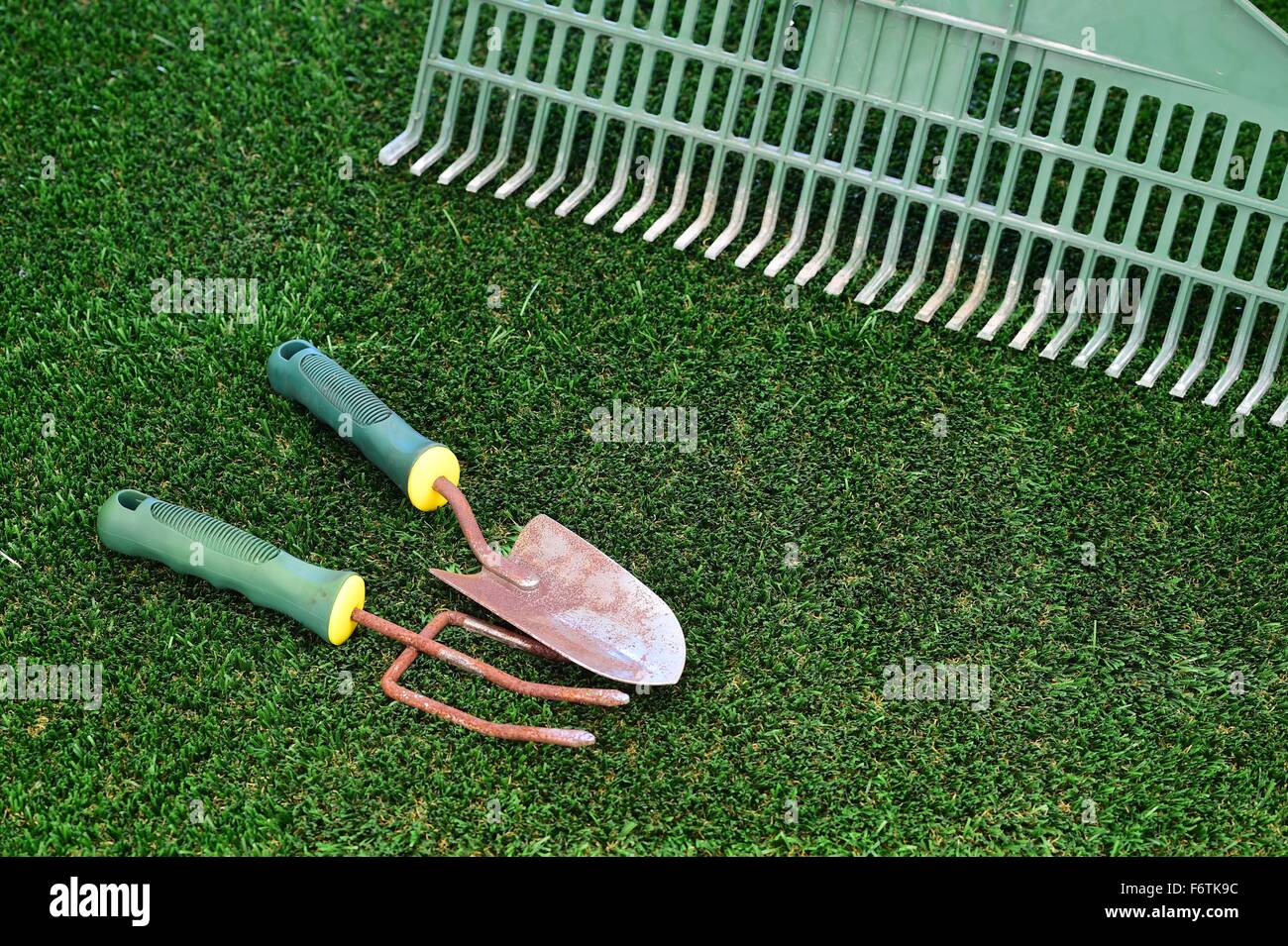 A studio photo of a garden equipment of artificial turf Stock Photo - Alamy