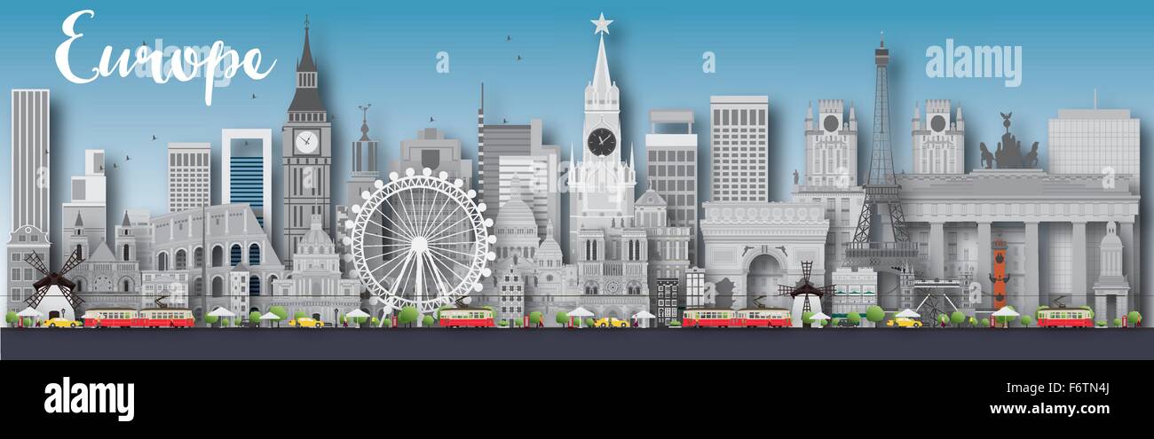 Europe skyline silhouette with different landmarks. Vector illustration ...