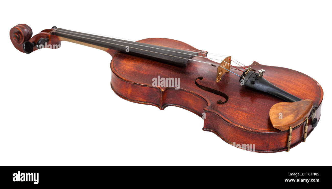 full size violin with wooden chinrest isolated on white background ...