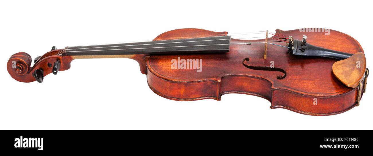 side view of standard full size violin with wooden chinrest isolated on ...