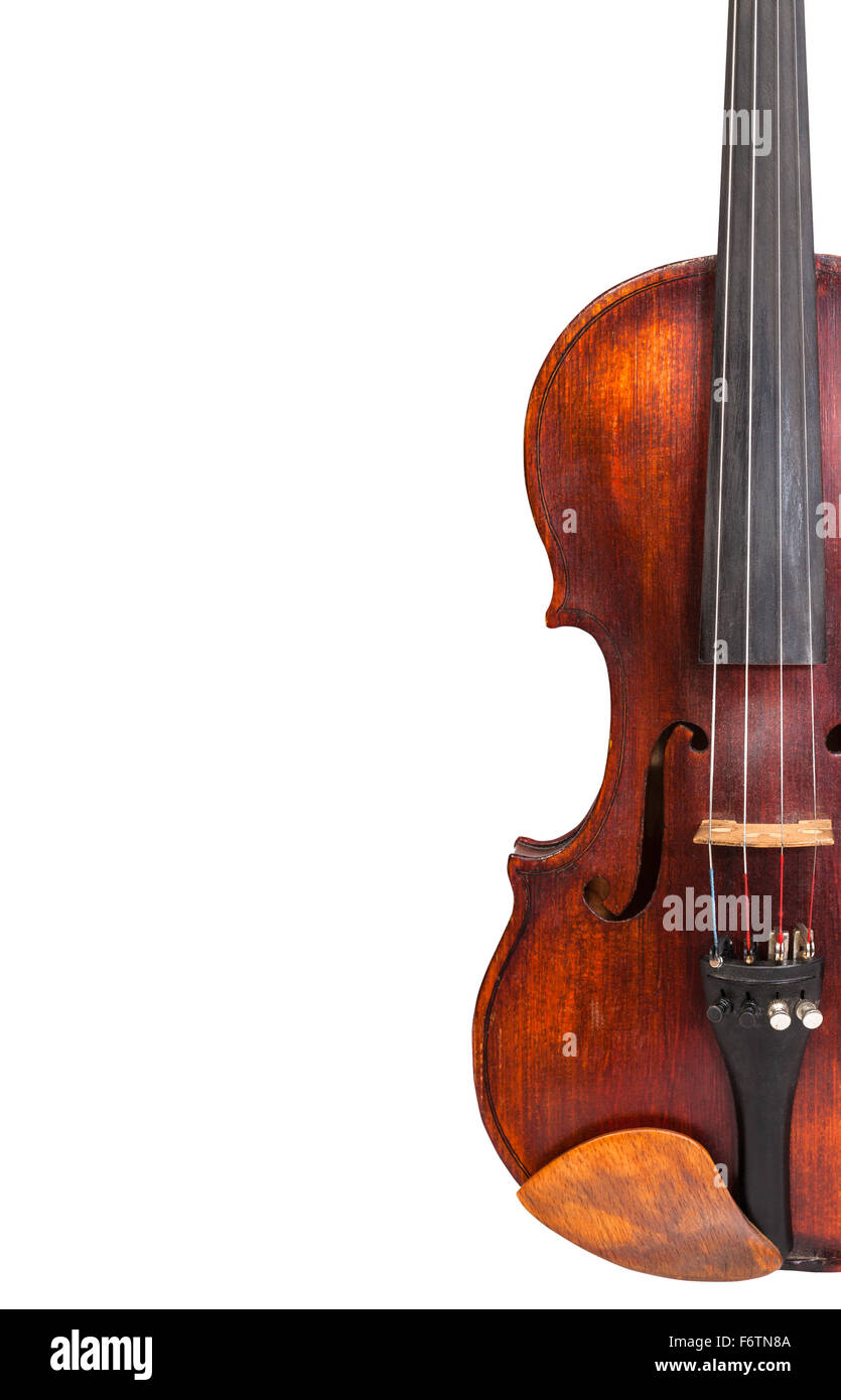 half of old fiddle isolated on white background and empty copyspace ...