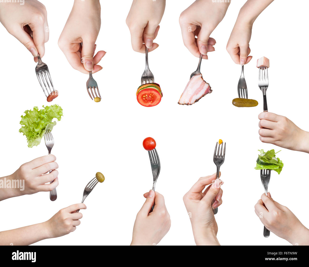 set of forks in hands with different snacks isolated on white ...