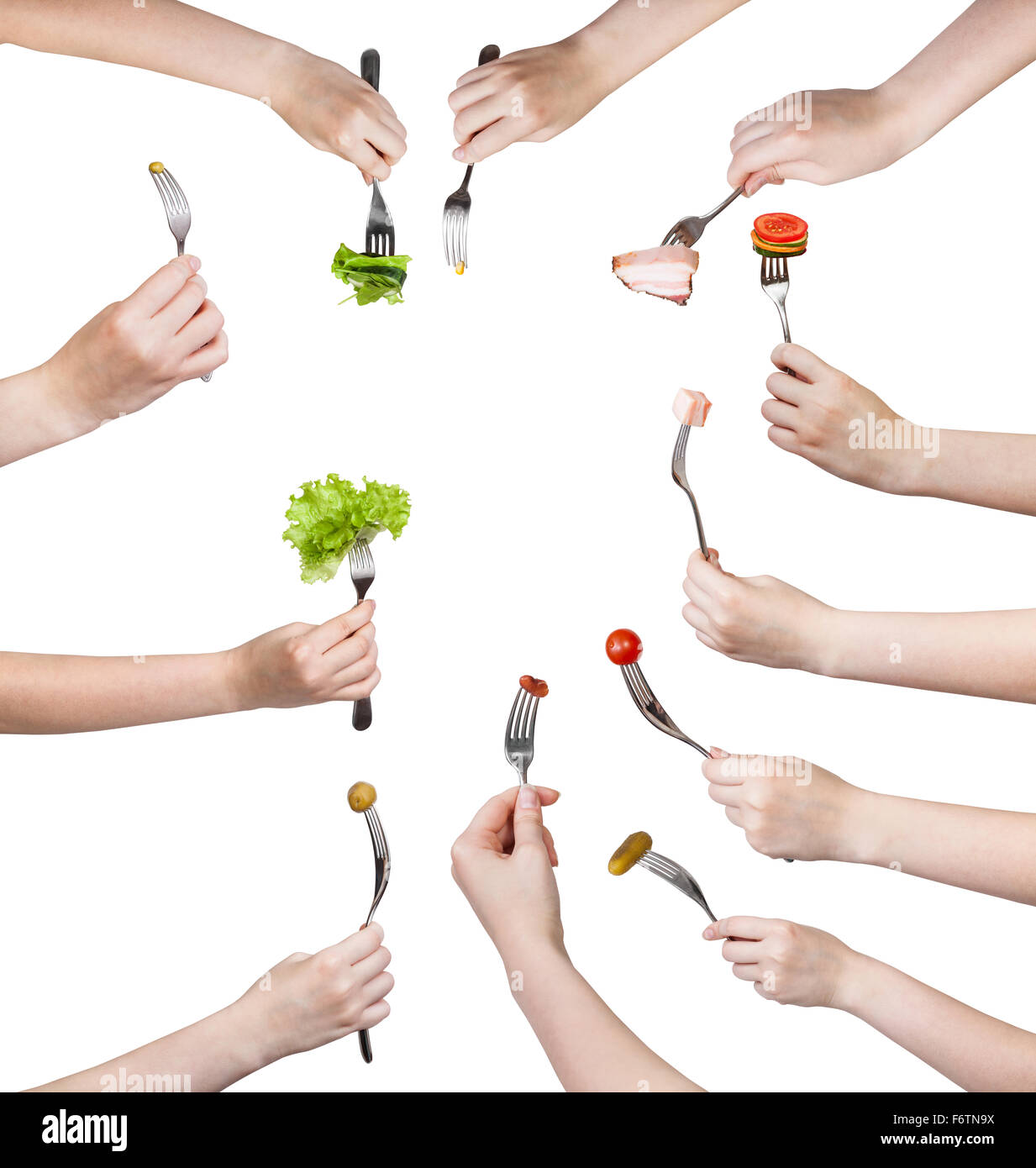 set of hands with forks with impaled foods isolated on white background ...