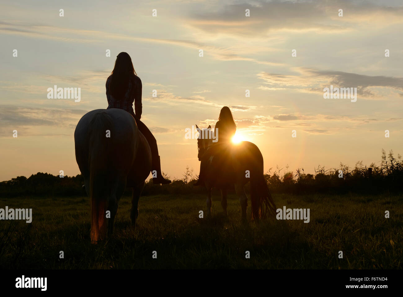 Young women riding into the sunset Stock Photo - Alamy