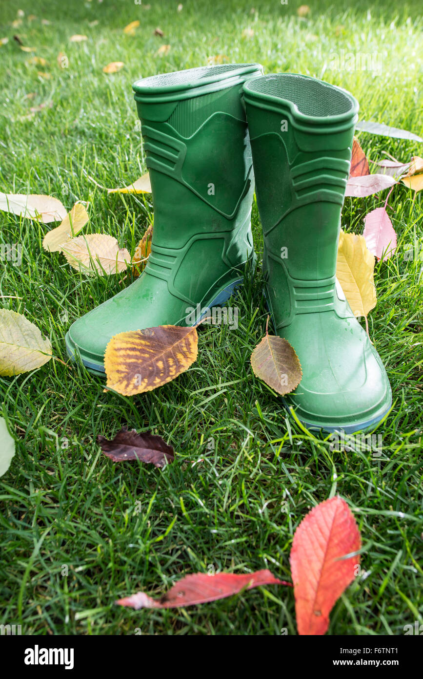 Autumn leaves and rubber boots Stock Photo - Alamy