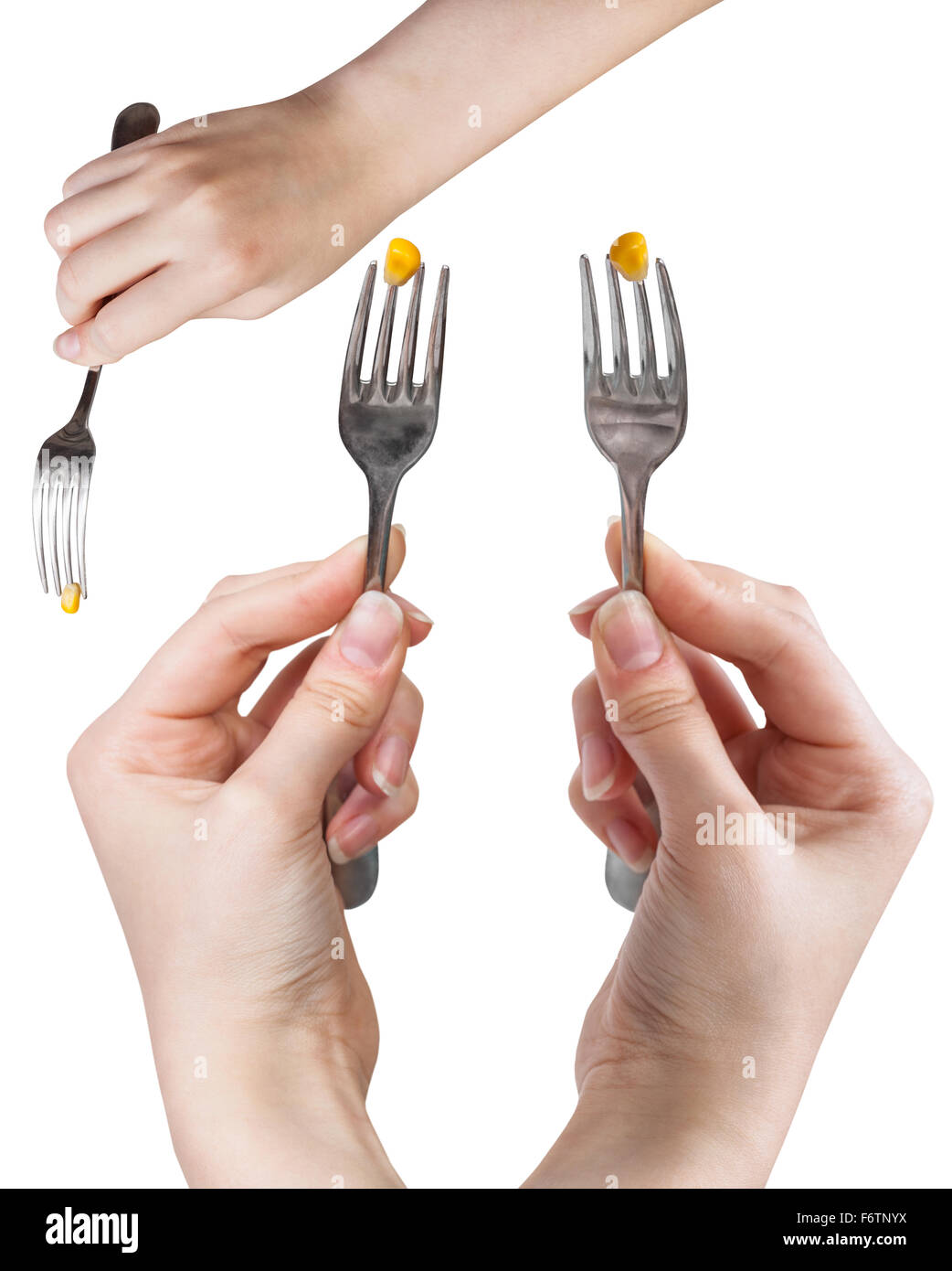 set of dinning forks with impaled yellow corn seed isolated on white ...