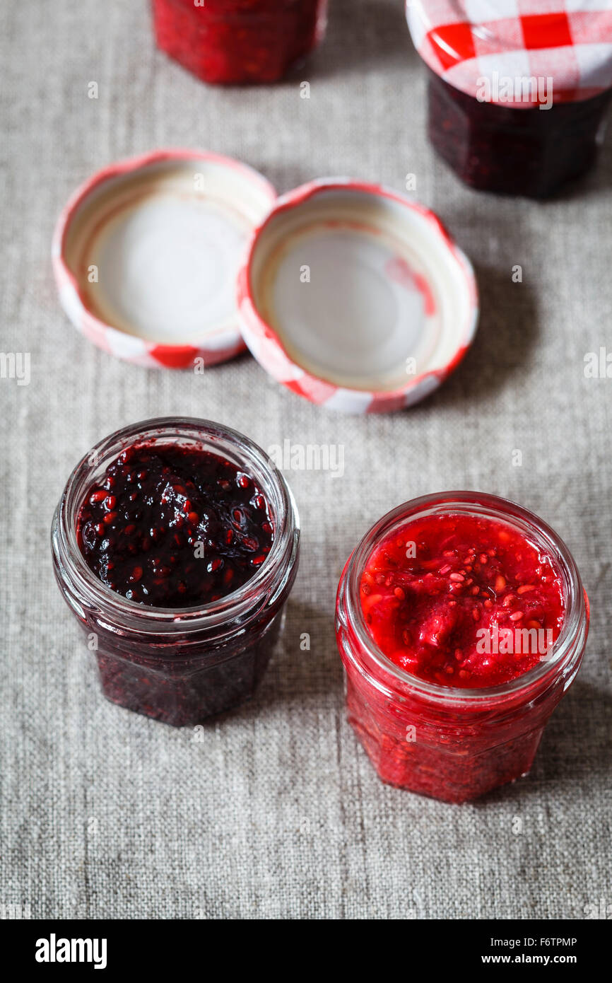 Homemade raspberry and blackberry jam with chia seeds Stock Photo - Alamy