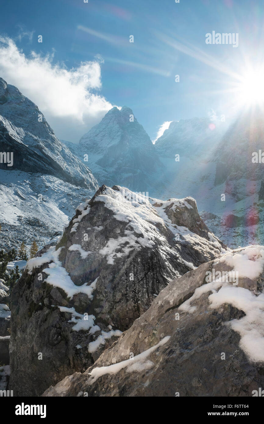 Berchtesgaden Alps, Hochkalter mountain massif against the sun Stock ...