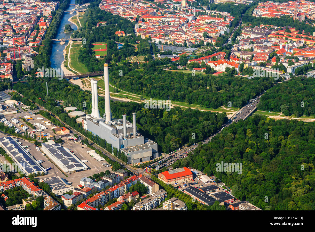 Germany, Bavaria, Munich, Sendling heating plant at Isar river Stock ...