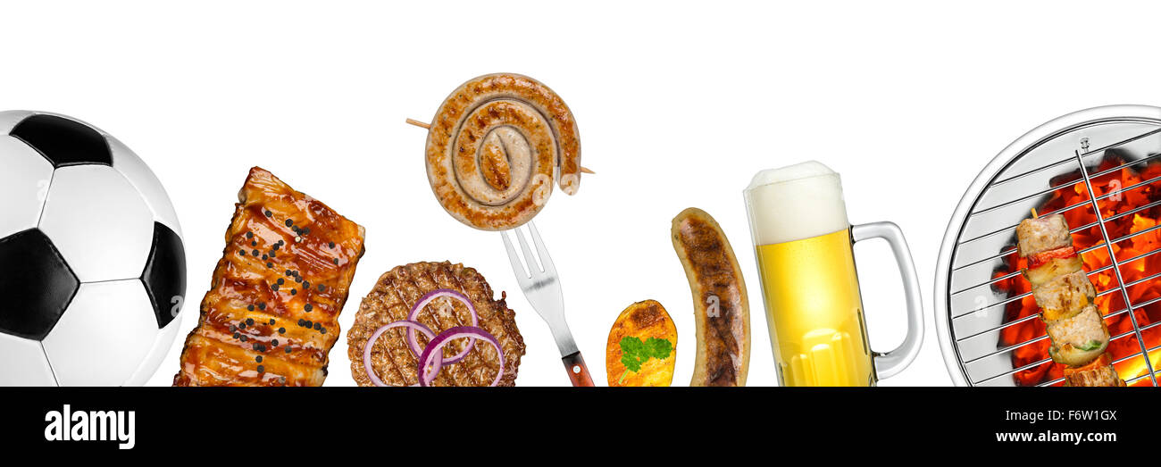 grilled food and soccer ball on white background Stock Photo - Alamy
