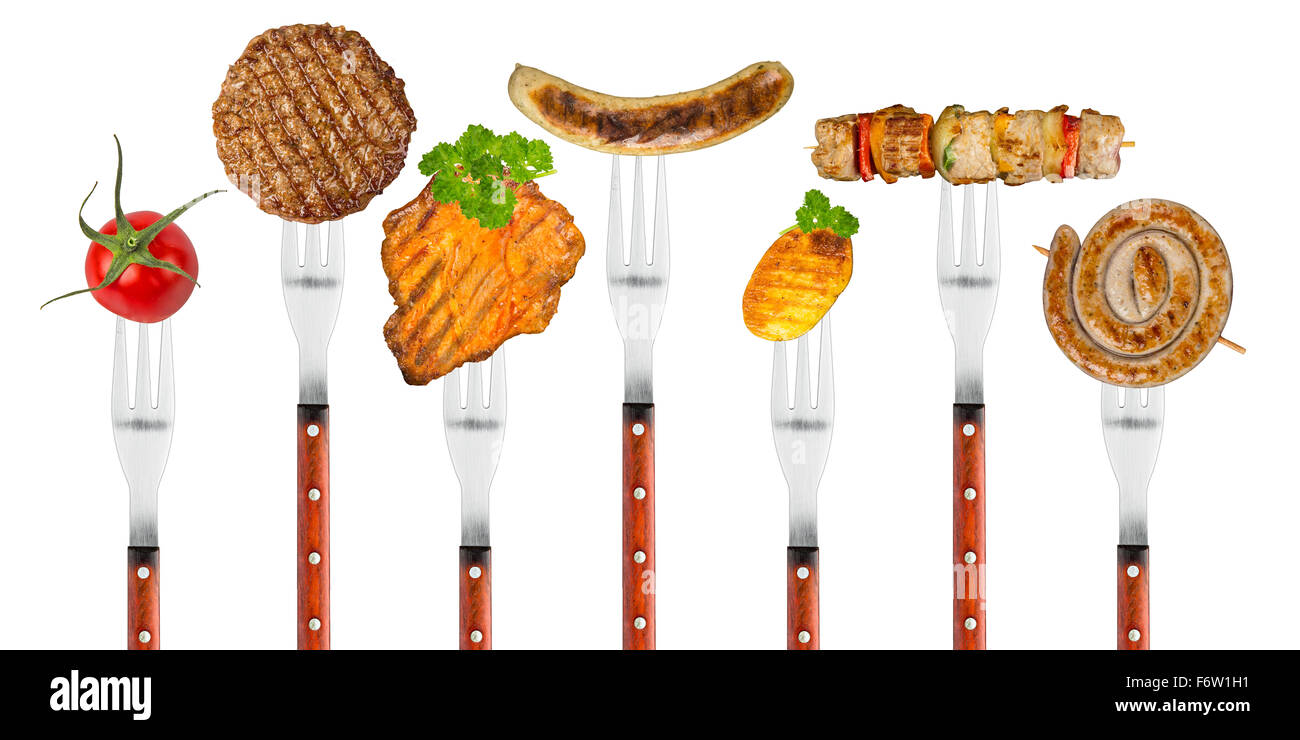 row of forks with grilled food Stock Photo - Alamy
