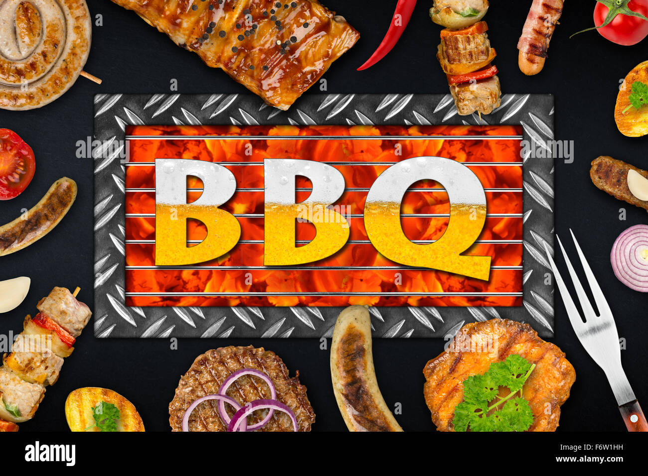 bbq background with grilles food Stock Photo - Alamy