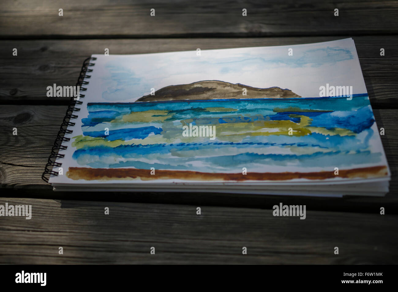 Landscape drawing on wooden table outdoors Stock Photo - Alamy