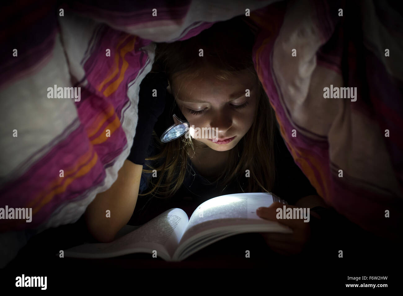 Little girl with torch reading book under a blanket Stock Photo - Alamy