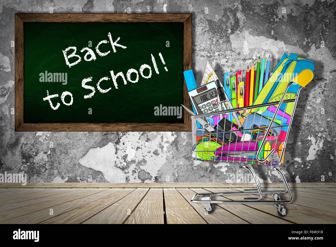 office / school supplies in shopping cart in front of classroom with ...