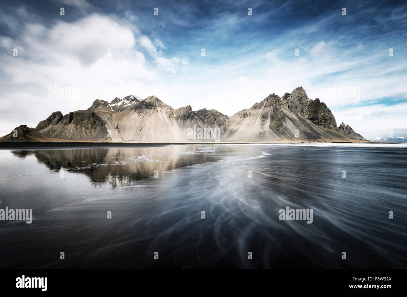 Iceland, Stokksnes, Vestrahorn Mountains, Black Sand Beach Stock Photo ...