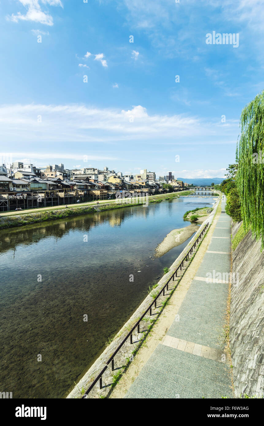 Japan, Honshu, Kyoto, Gion district, Waterfront buildings at Kamo river ...