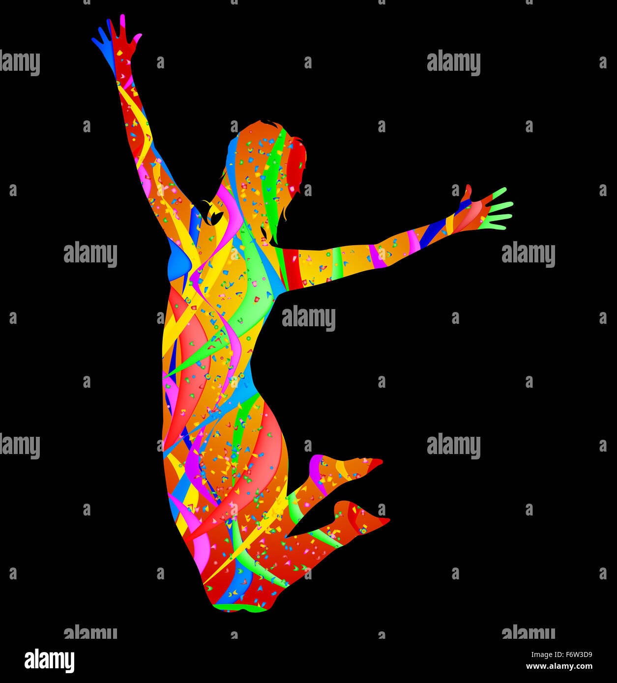 A party girl silhouette jumping for joy over a confetti and streamer ...