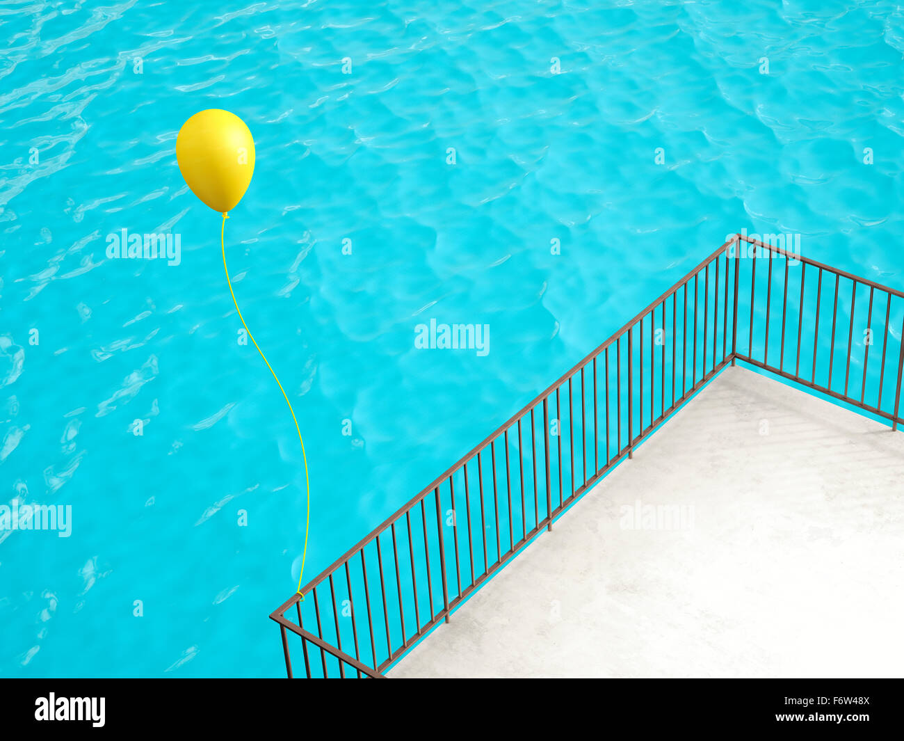 Balcony by the water with balloon tied to railing, 3D rendering Stock ...