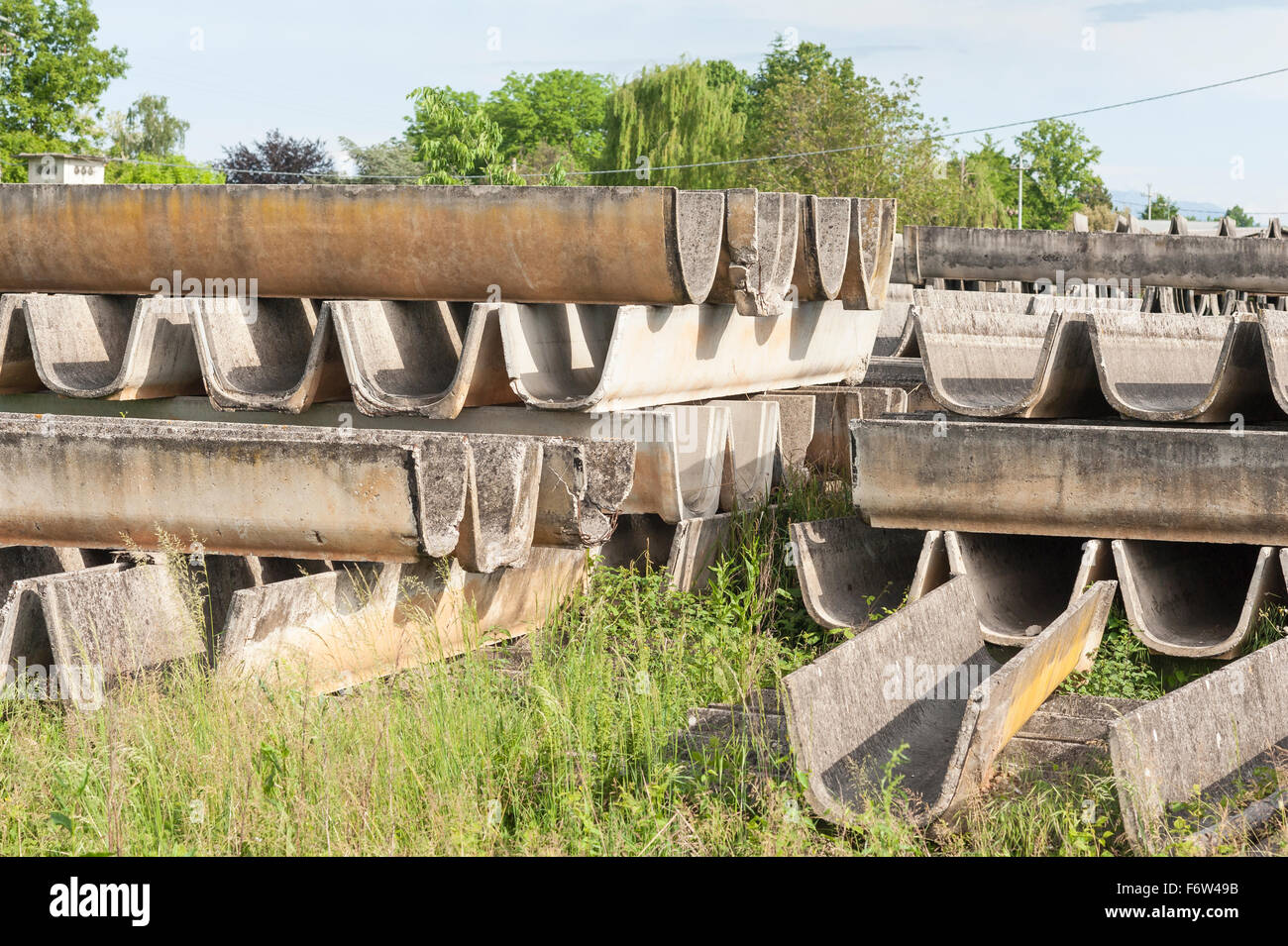 Stack of prefabricated concrete for the construction of irrigation ...