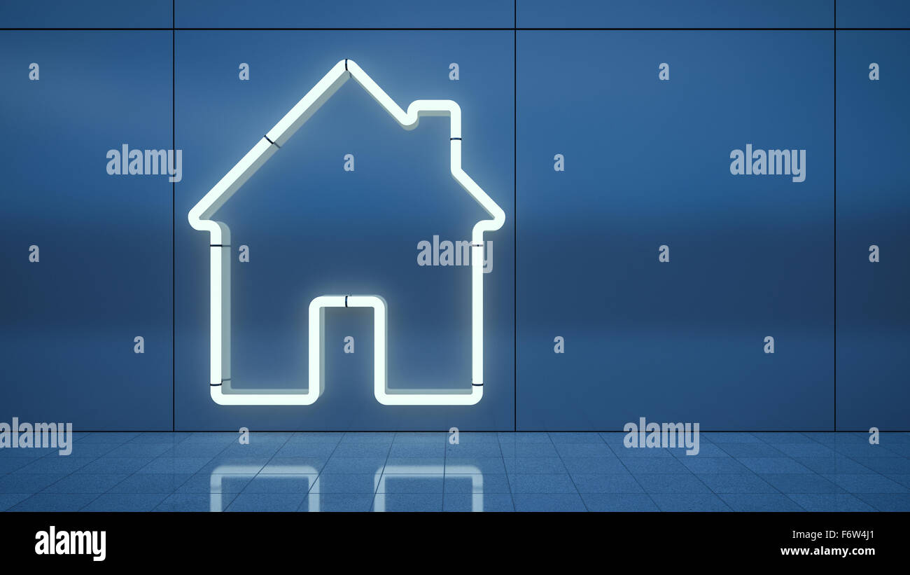 House symbol built of neon tubes on blue metal wall Stock Photo - Alamy