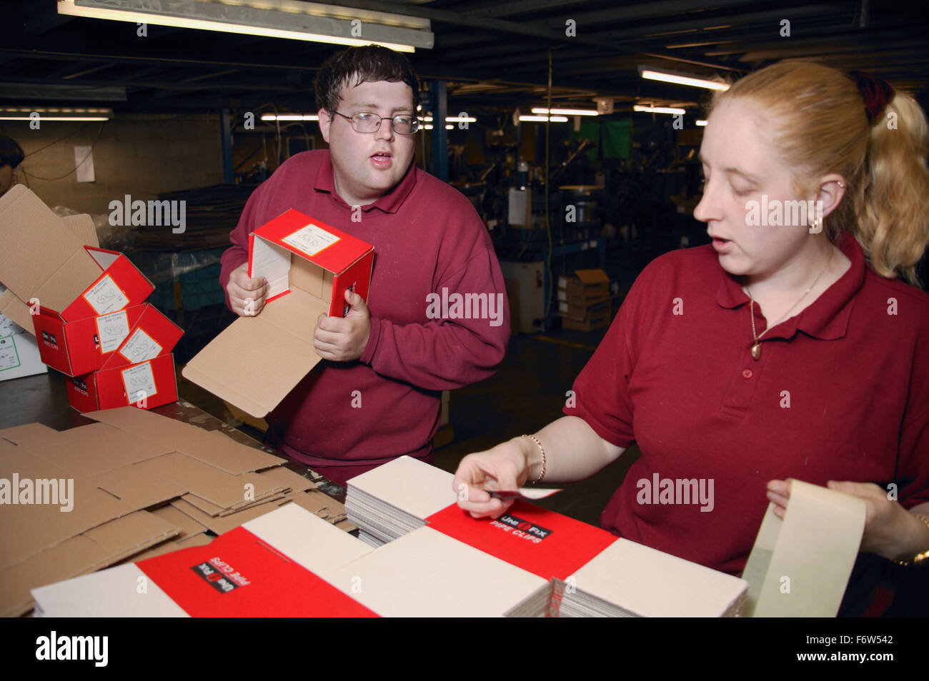 Man with learning disability and colleague working in factory ...