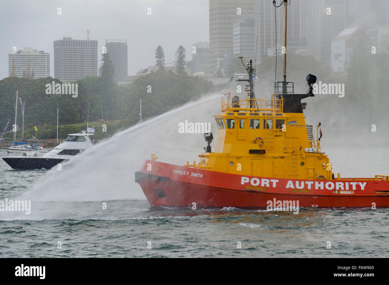 A Sydney Ports fire tug or tugboat spraying water during New Years Eve ...