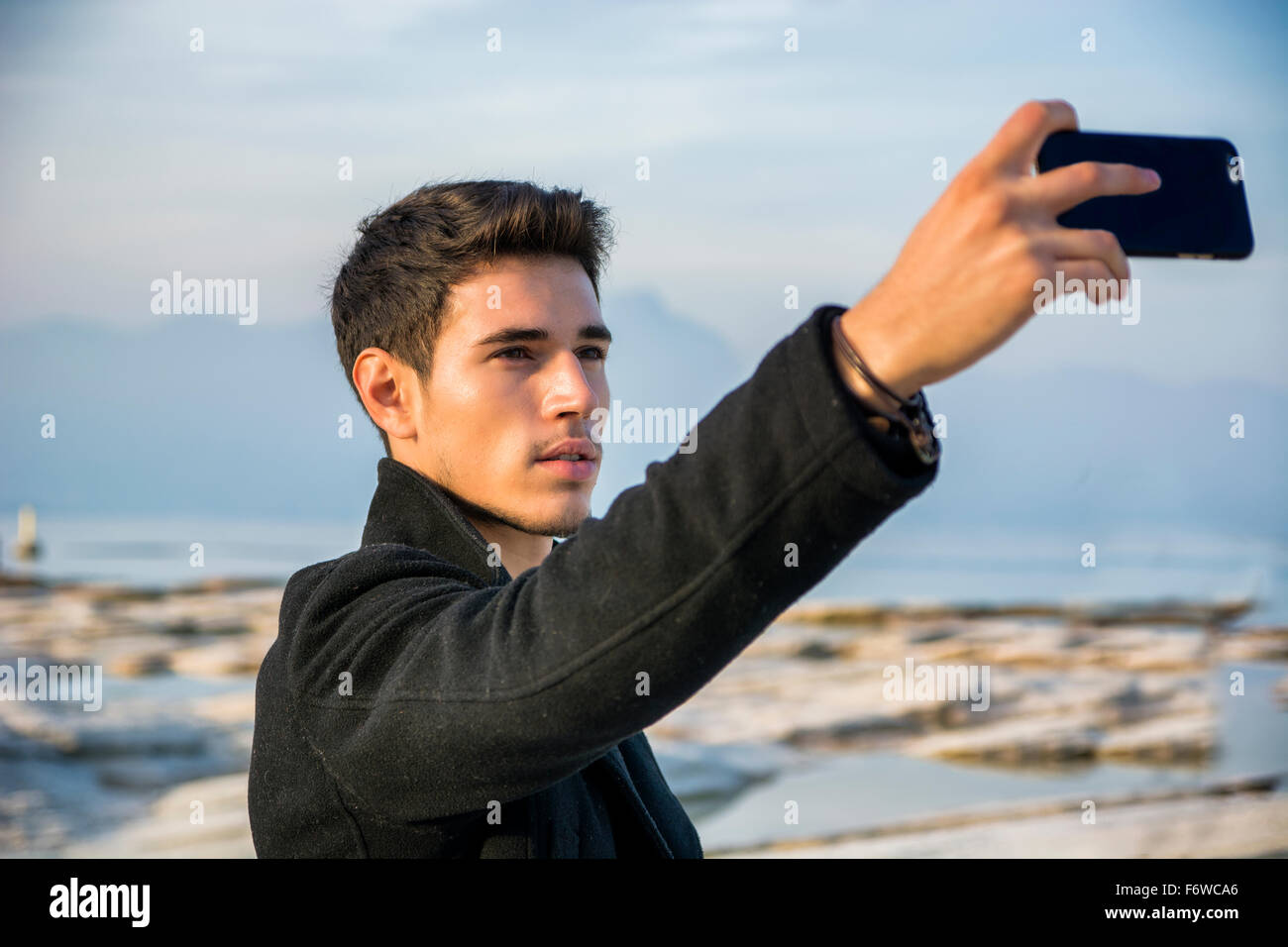 Young men selfie lake hi-res stock photography and images - Alamy
