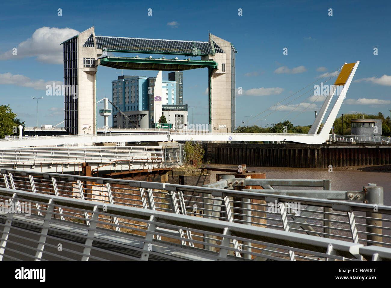 UK, England, Yorkshire, Hull, Tidal Barrier, Premier Inn and tilting ...