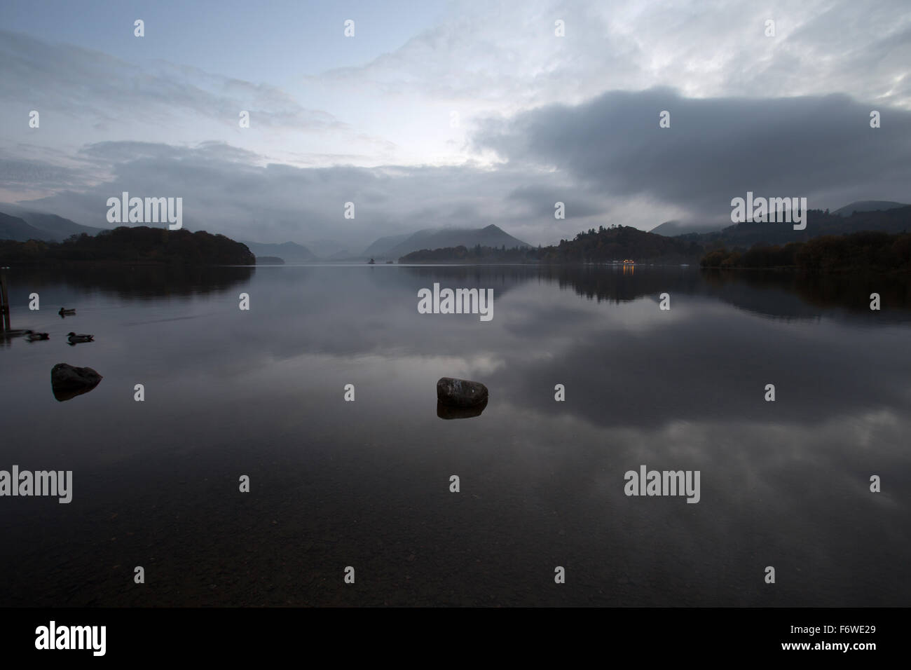 Town of Keswick, England. Picturesque dusk view of Derwent Water viewed ...