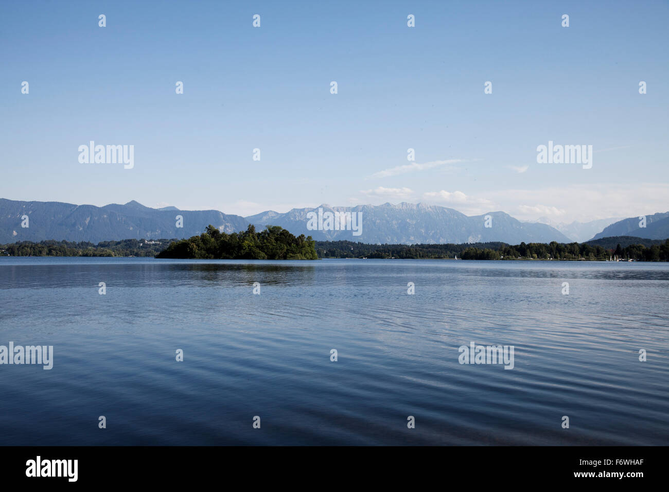 View over lake Staffelsee, Uffing, Upper Bavaria, Bavaria, Germany ...