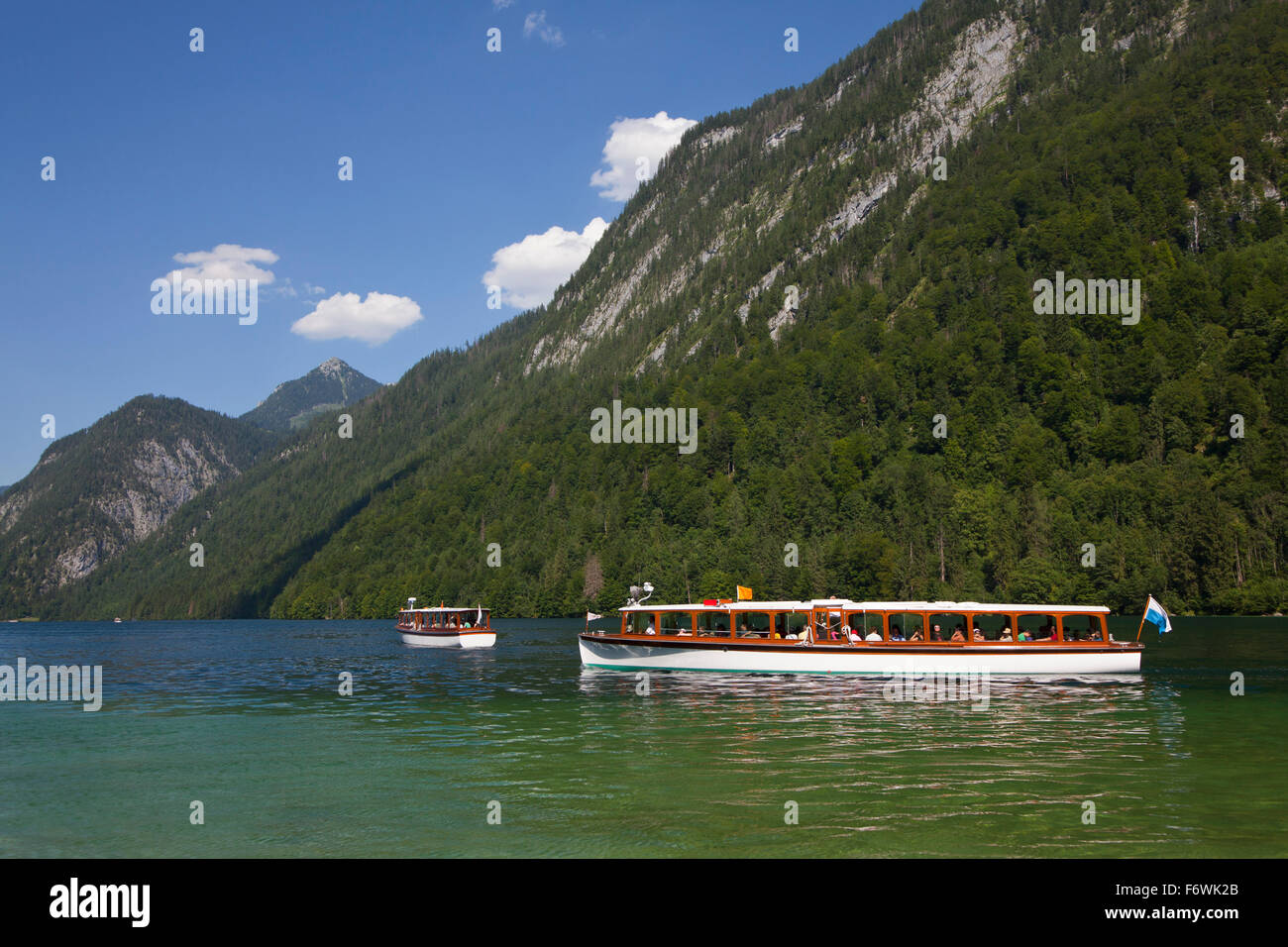Excursion boat at Koenigssee, Berchtesgaden region, Berchtesgaden ...
