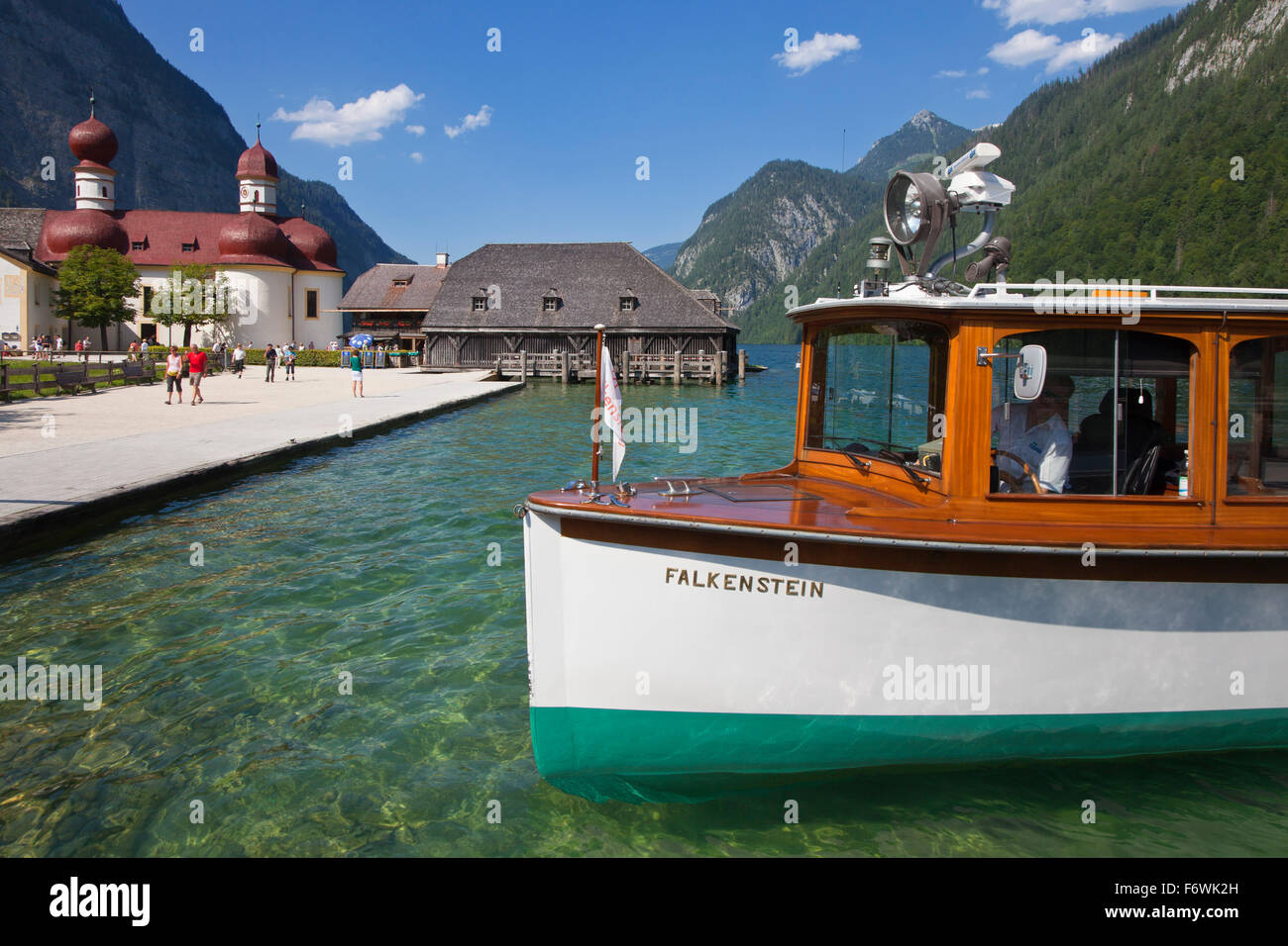 Excursion boat in front of baroque style pilgrimage church St ...