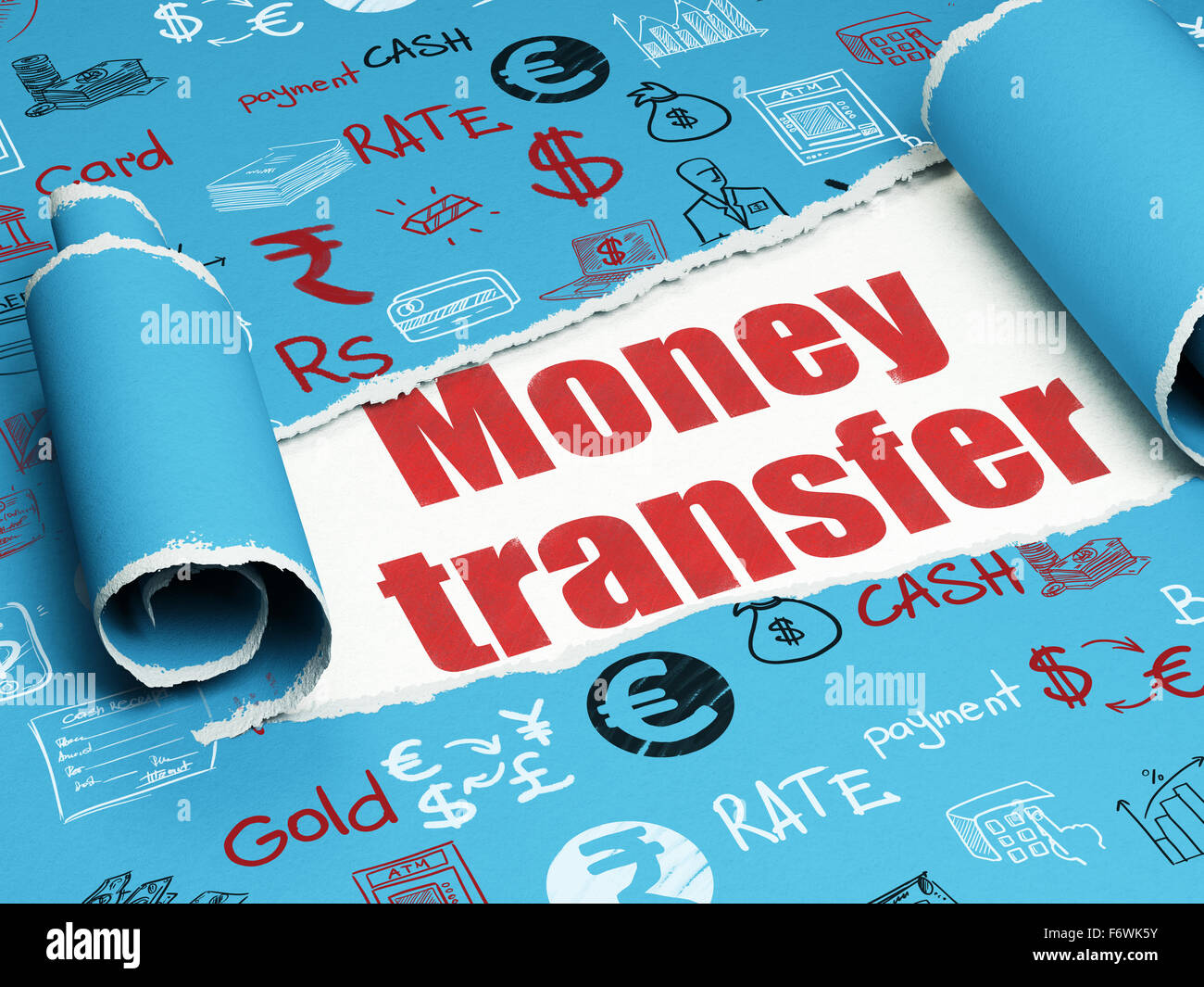 Money concept: red text Money Transfer under the piece of torn paper ...