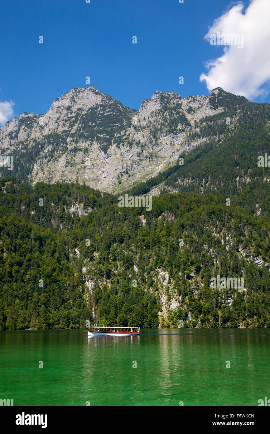 Excursion boat at Koenigssee, Berchtesgaden region, Berchtesgaden ...