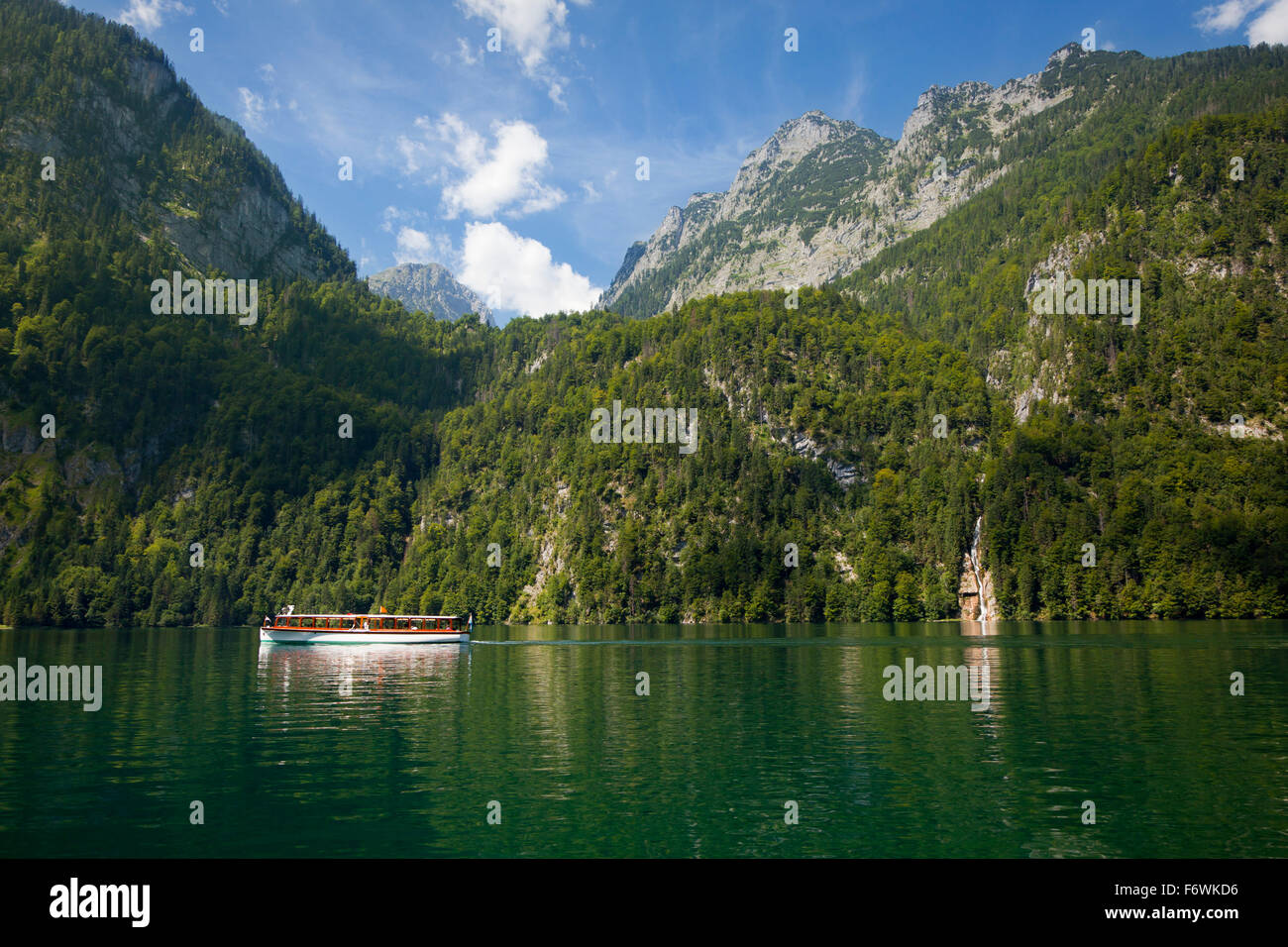 Excursion boat at Koenigssee, Berchtesgaden region, Berchtesgaden ...